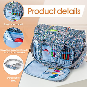 Hanfetch Yarn Storage Organizer, Knitting Crossbody Bag, Large Crochet Bag Tote Gift Yarn Holder Case for Carrying Projects, Knitting Needles, Crochet Hooks and Other Accessories (Flower-Blue)