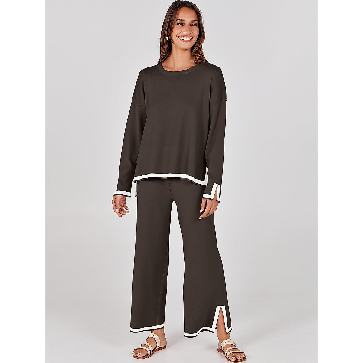 ANRABESS Women's Two Piece Outfits Long Sleeve Knit Pullover Sweater Tops & Wide leg Pants Casual Lounge Matching Sweatsuit Tracksuits Sets Coffee Large