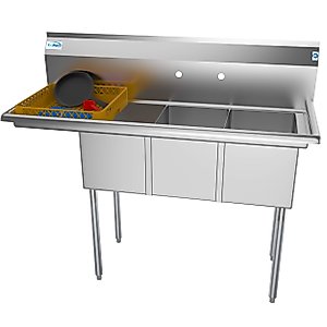 KoolMore 3 Compartment Stainless Steel NSF Commercial Kitchen Sink with Drainboard - Bowl Size 12" x 16" x 10",Silver