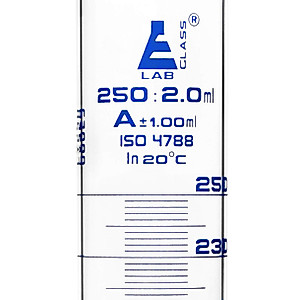 EISCO Graduated Cylinder, 250ml - Class A Tolerance ±1.00ml - Hexagonal Base - Blue Graduations - Borosilicate 3.3 Glass