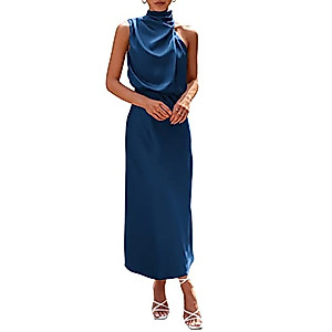 PRETTYGARDEN Women's 2023 Summer Satin Dress Elegant Sleeveless Mock Neck Cocktail Party Maxi Dresses (Dark Blue,Small)