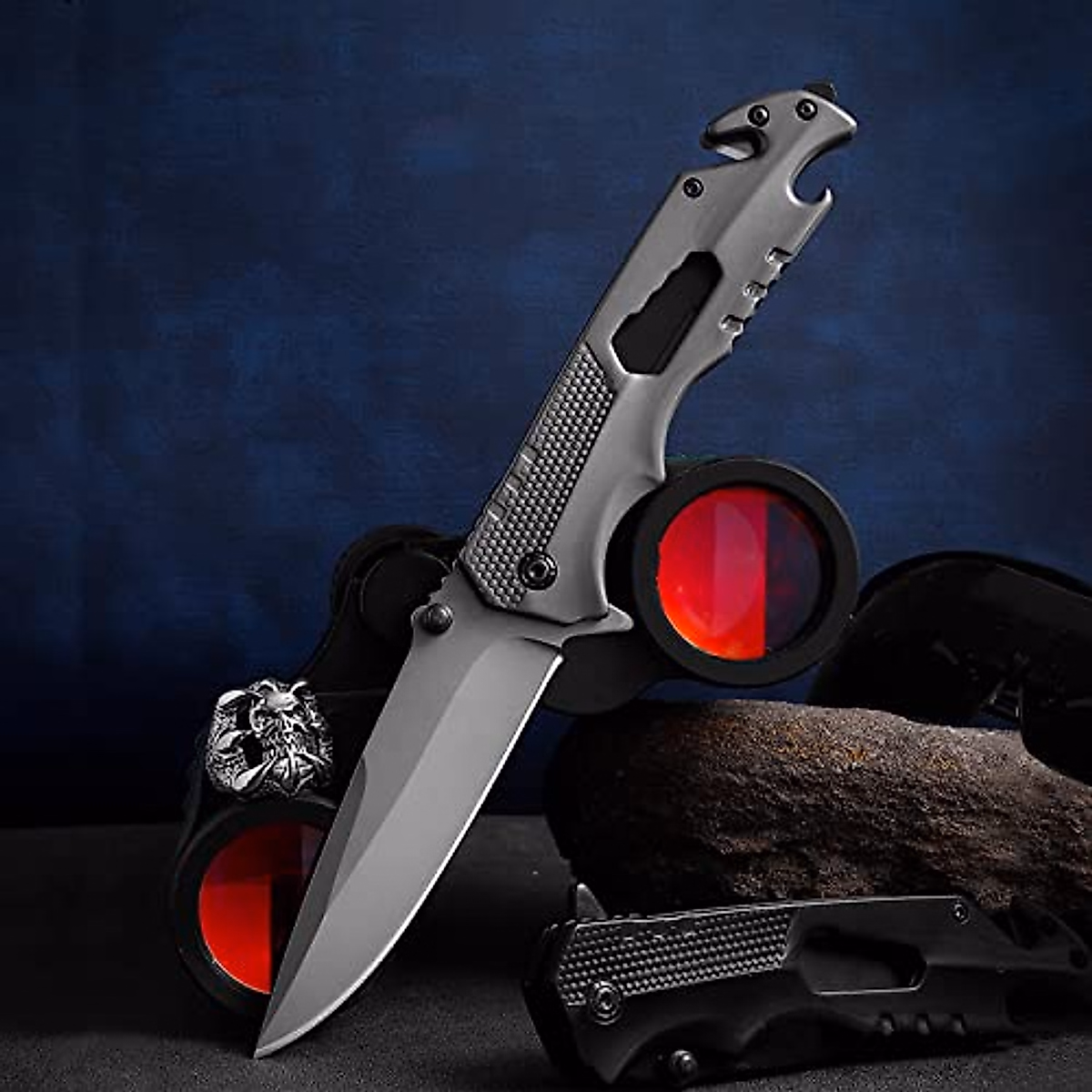 Link Knife Pocket Knife 5-in-1 Large Blade Cutting, Bottle Opener & No. 4 Wrench,Seatbelt Cutter, Glass Breaker for Emergencies, with Liner-Lock, Clip,Multifunctional Folding Knife, Gray