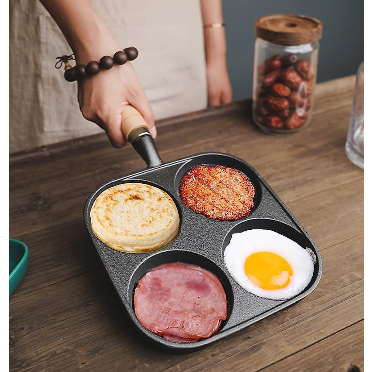 DJKG Uncoated Egg Frying Pan Egg Cooker Omelet Pan with 4-Cups Pancake Pan Cast Iron Cooker for Breakfast, Gas Stove & Induction Compatible Wooden Helper Handle