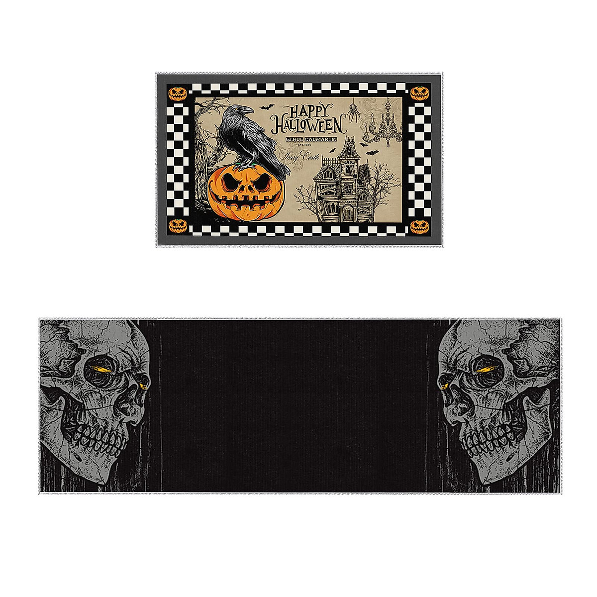 Savannan 2 Piece Kitchen Rug Set, Halloween Terror Skull Dark Floor Mat Non-Skid Cozy Runner Rug Doormat Carpet for Home Office Bathroom Bedroom Laundry