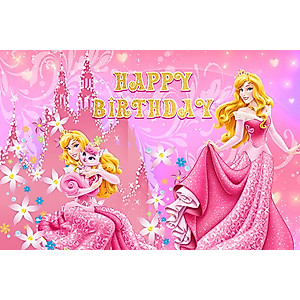 Princess Backdrop for Birthday Party Decorations, Princess Aurora Background for Baby Shower Party Cake Table Decorations Supplies, Sleeping Beauty Theme Banner, 5x3ft