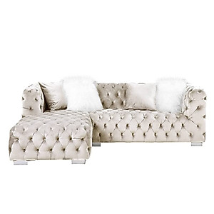 Acme Furniture Velvet Upholstered Sectional Sofa with 4 Pillows, Beige