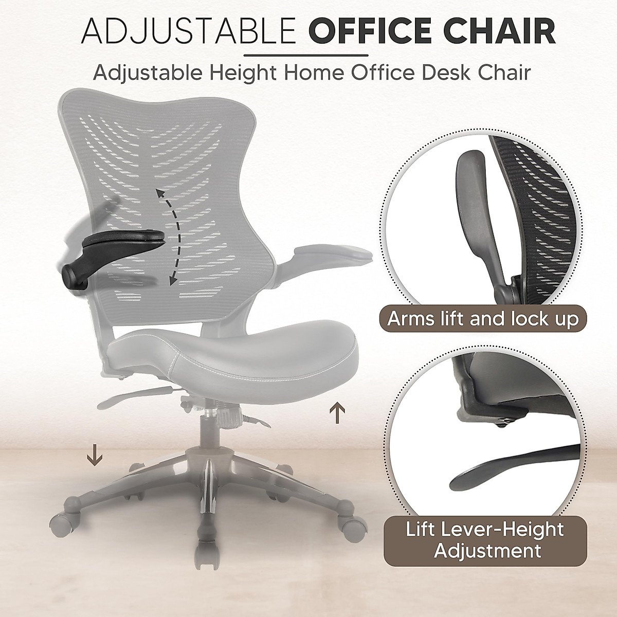OFFICE FACTOR Executive Ergonomic Office Chair Back Mesh Bonded Leather Seat Flip-up Arms Molded Seat with a 55kg Foam Density Double Handle Mechanism You Can Lock The Back in Any Position (Black)