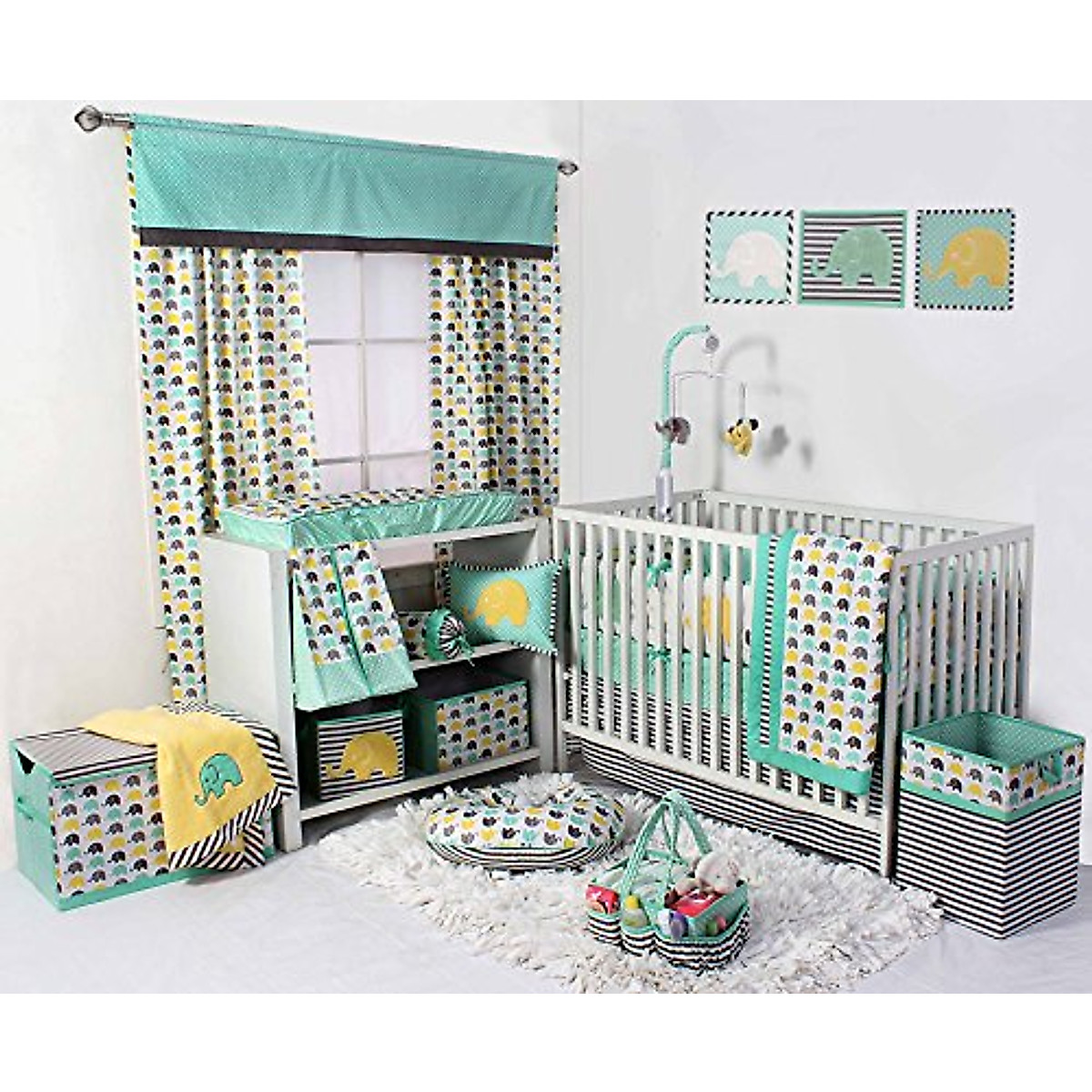 Bacati Elephants Unisex Activity Gym with Mat, Mint/Yellow/Grey