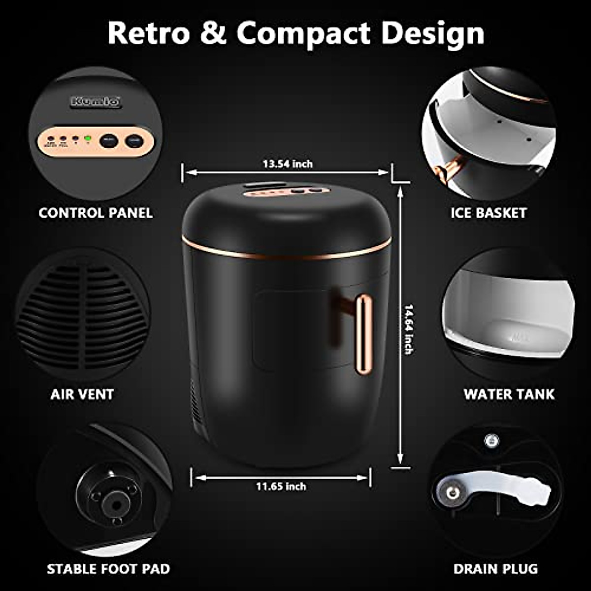 KUMIO Ice Maker Countertop, Retro Design Bullet Clear Ice 10pcs in 8Mins, 33Lbs/Day, 2.5Qt Water Reservoir & 2 Ice Size (S/L), Self-Cleaning Portable Ice Machine with Ice Basket and Scoops