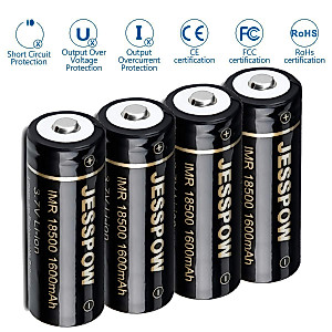 JESSPOW 18500 Rechargeable Batteries, IMR 18500 Rechargeable Li-ion Battery 1600mAh 3.7V [ for Flashlight, Solar Garden Light ] with Button Top (4Pack)