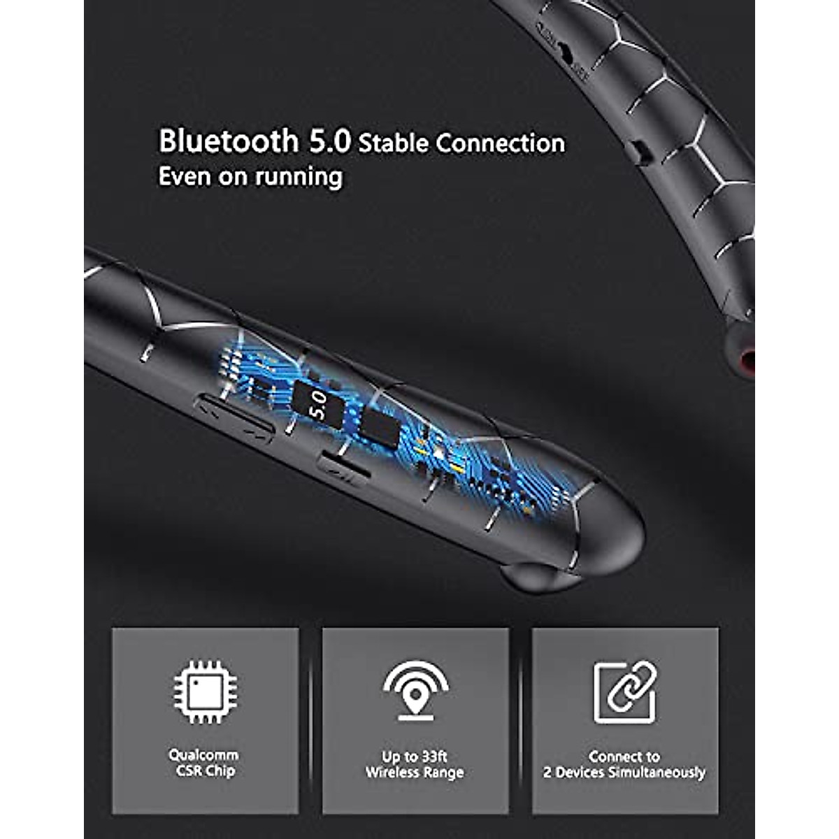 Yarayeon Bluetooth Headphones.Neckband Bluetooth Headphones with Vibration.IPX5 Sweatproof.Noise Canceling Stereo Headphones and Retractable Earbuds for Sports.Music.Meetings (Black2)