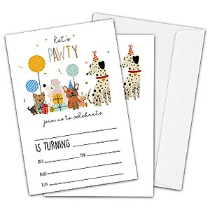 HEZNZXQ Dog Birthday Party Invitations, Let's Pawty Theme Birthday Parties Supplies Decorations, Puppy Theme Fun Fill-in Invites, 4" x 6" Double-sided Cards(20 Invitations and Envelopes)-C05
