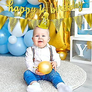 LHMTQVK Happy 1/2 Birthday Banner Pre-Strung 6 Months Banner, Half Birthday Banner 1/2 Birthday Crown Hat, 1/2 Half Year Cake Topper- for Baby's 6 Months Birthday Party Decoration Set… (Gold)