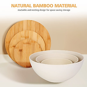 ShineMe Salad Bowl with Lid, Natural Bamboo Fiber Serving Bowls Set of 3 with Utensils & Lids, Mixing Bowls for Preparing, Storing and Serving for Cereal, Fruit,Chips, Bread(10",8",6")