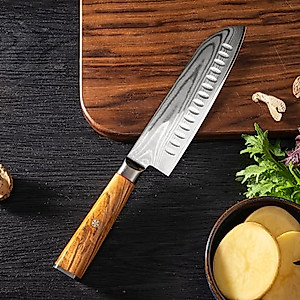 FUJUNI Damascus Santoku Knife 7 inch Damascus VG10 Steel 67-Layer -Olive Wood Handle - Razor Sharp Kitchen Knife with Exquisite Box