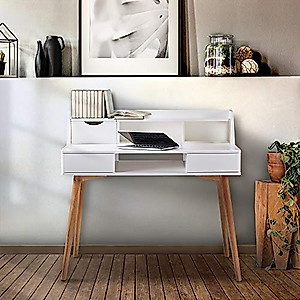 Versanora Creativo White Work Study Table Desk With Storage Drawer Shelf Natural Finish For Living Room Home and Office