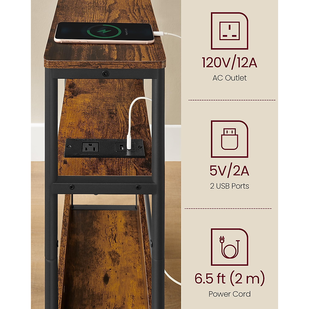 VASAGLE Side Table with Charging Station, Narrow End Table, 3-Tier Nightstand, Sofa Table for Small Spaces, Magazine Rack, for Living Room, Bedroom, Study, Rustic Brown and Ink Black ULET335K01