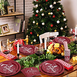 Merry Christmas Tableware Set for 25 Guests, Red Paper Plates Set with Plates Napkins Cups Straws Cutlery for Christmas Party Supplies, 200 pcs Disposable Party Dessert Dinnerwares