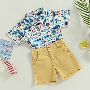 Toddler Boy Summer Clothes Set Button Down Short Sleeve Shirt Elastic Waist Shorts 2Pcs Fashion Boys Outfits (Khaki Shorts Set,12-18 Months)