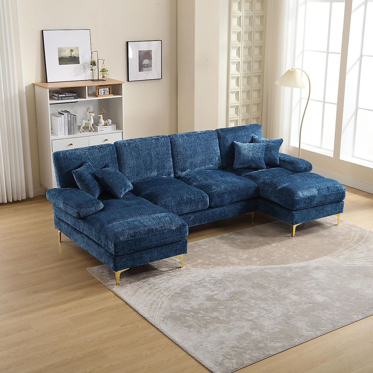 OUYESSIR Chenille U-Shaped Sectional Sofa Couch, 4 Seat Sofa Set for Living Room with 4 Pillows, 114" L-Shaped Chenille Sleeper Couch Set with Double Chaise Lounge (Blue)