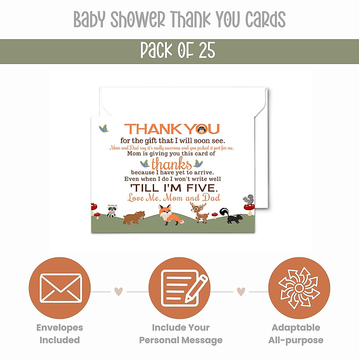 Woodland Baby Shower Thank You Cards and Envelopes – 25 Pack, Rustic Forest Animals Orange Notes Set, Prefilled Message, Customizable Blank Stationery, Gender Neutral, New Parents Gift Ideas