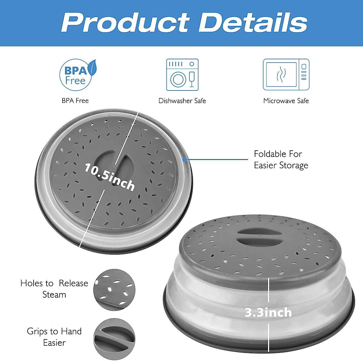 2 Pack Collapsible Microwave Cover Splatter Proof Food Plate, 10.5 inch Round With Grip Handle, Kitchen Gadgets Dishwasher Safe and BPA Free