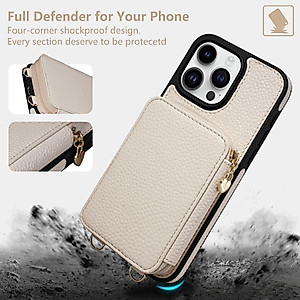 Keallce Compatible with iPhone 15 Pro Max 6.7 inch Case Wallet, Crossbody Zipper with RFID Blocking Card Slots Kickstand, Lanyard & Handstrap Flip Leather Cover for iPhone 15 Pro Max 2023, Beige