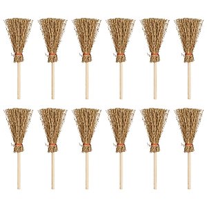 SEWACC 12pcs Mini Broom Decoration Miniature Artificial Straw Brooms Hanging Ornament Halloween Straw Craft Decor Witches Broom for Cosplay Party