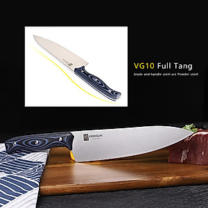 KEENSUN Chef Knife - 8 Inch Professional Kitchen Knife Rust Resistant VG10 Stainless Steel Chef Kitchen Ultra Sharp Cooking Knife with Blue-Black G10 Handle and Stonewash Blade