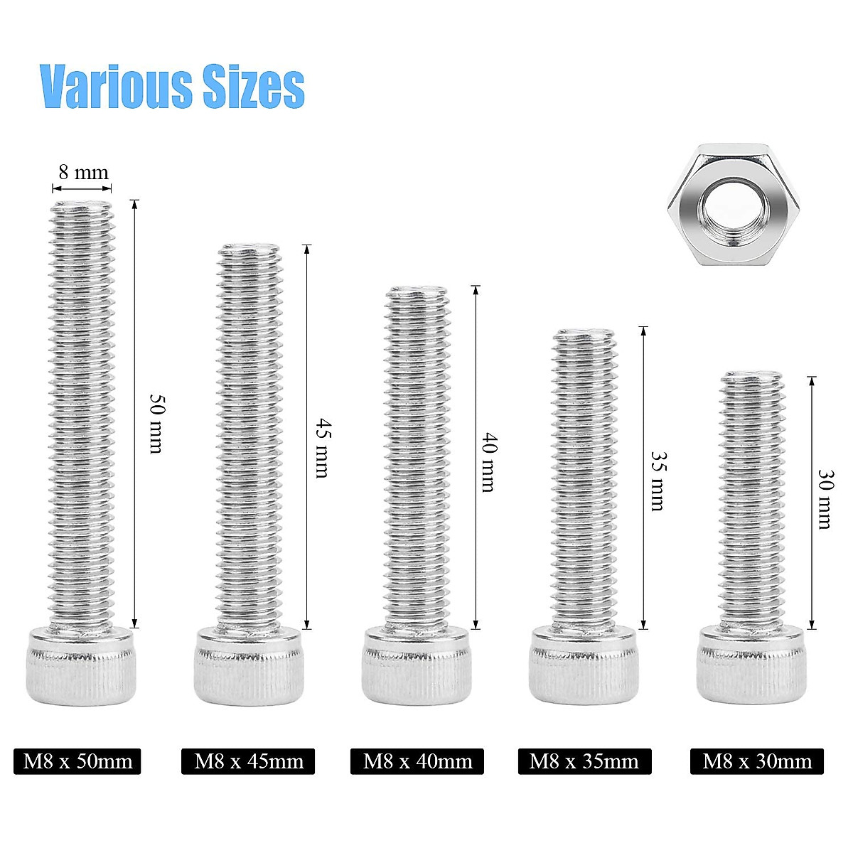 DYWISHKEY 50 Pieces M8 x 30mm/35mm/40mm/45mm/50mm Stainless Steel 304 Hex Socket Head Cap Bolts and Nuts Kit