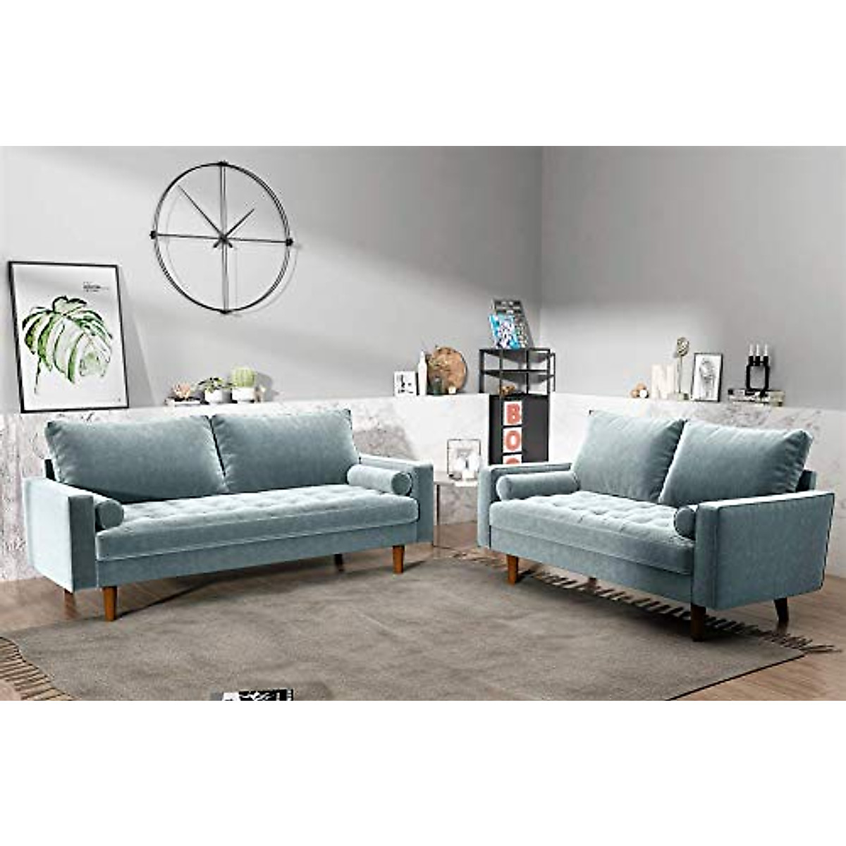 Container Furniture Direct Womble Velvet Upholstered Living Room Diamond Tufted Chesterfield Sofa with Gleaming Nailheads, Teal Blue
