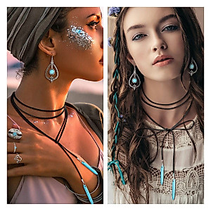 Sanfenly Bohemian Turquoise Jewelry Pendant Suede Long Choker Necklace Vintage Turquoise Statement Dangle Earrings Boho Leather Cuff Bracelet with Stackable Knuckle Rings Set for Women, Metal, Cubic