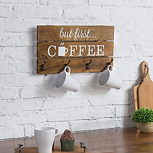 MyGift Burnt Wood Coffee Mug Wall Rack, Wall Mounted Decorative Coffee Bar Sign with 'But First Coffee' and 8 Dual Hooks