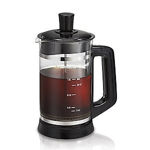 Hamilton Beach French Press with Frothing Attachment for Coffee, Hot Chocolate or Tea, 1 Liter, Glass (40400R)