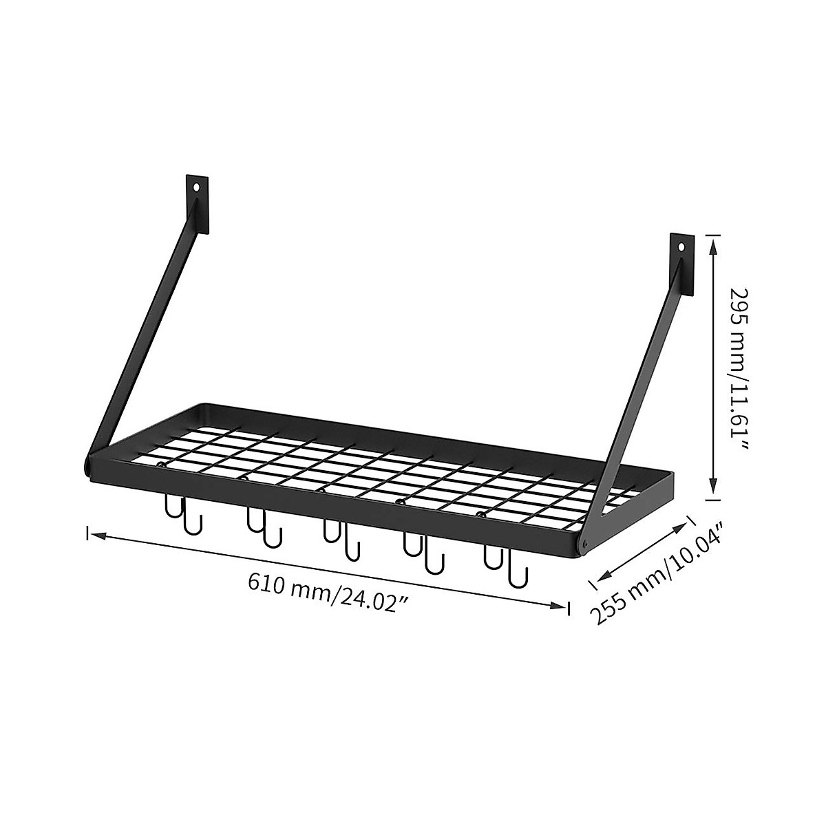 Miyili Pot Rack Square Grid Wall Mounted Kitchen Pot And Pan Organizer Shelf With 10 Hooks, 24 by 10-inch (Black), KR301B1