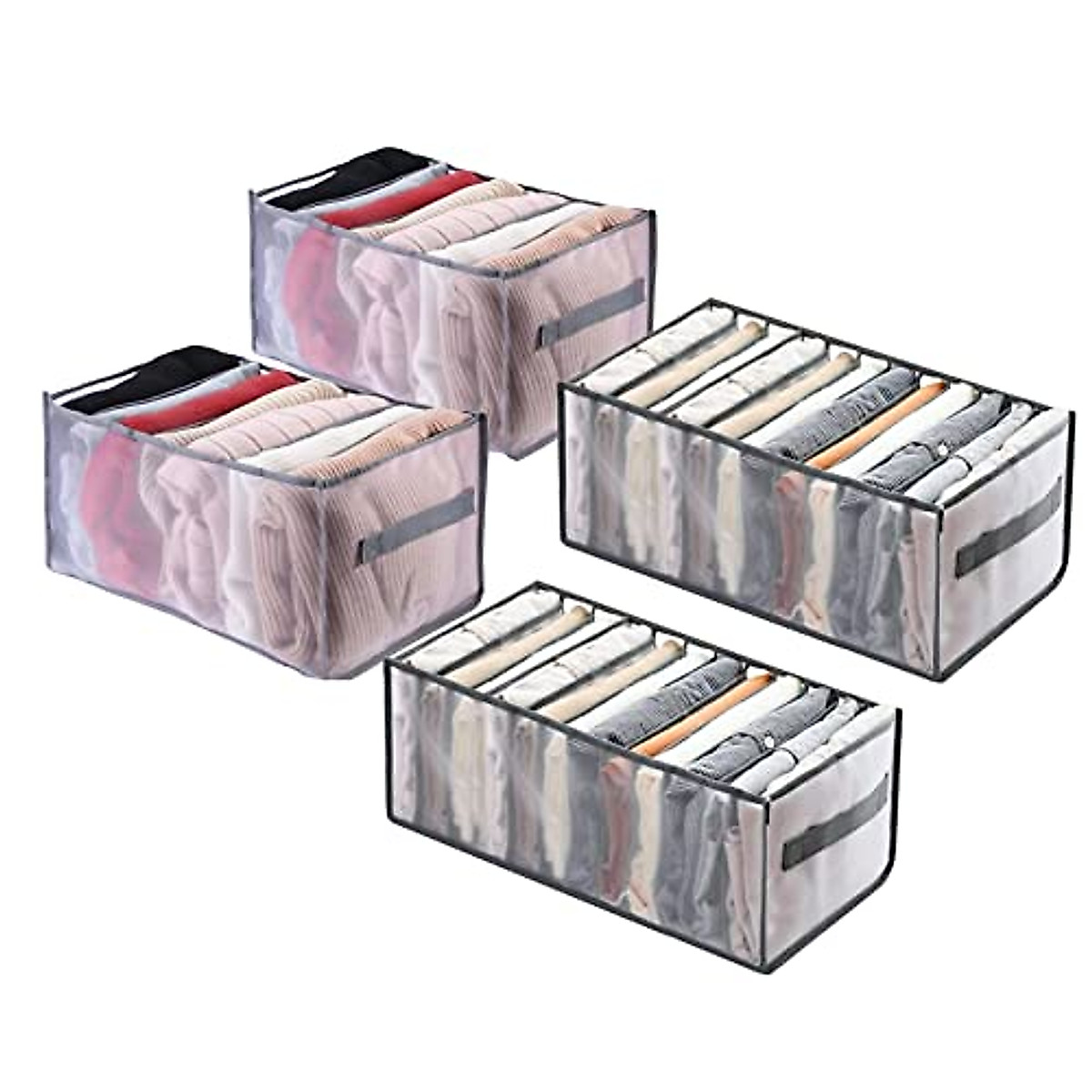 Mesh Wardrobe Clothes Organizer for Jeans and shirt, Upgraded Sturdy Large Drawer storage box for Clothing with Handle Foldable, Drawer Organizers Clothes (4 Packs: Shirt+Jeans+T-Shirt, Grey)