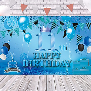 Happy 11th Birthday Backdrop Banner Blue 11th Sign Poster 11 Birthday Party Supplies for Anniversary Photo Booth Photography Background Birthday Party Decorations, 72.8 x 43.3 Inch