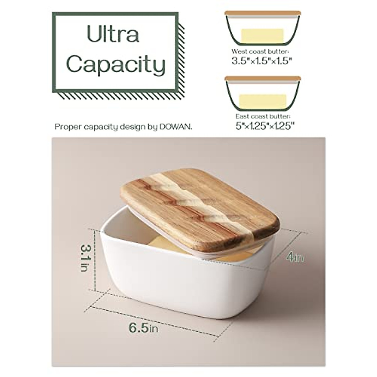 DOWAN 6.5" Large Butter Dish - Ceramic Butter Dish with Lid for Countertop - White Butter Keeper Holds Up to 3 Sticks - Butter Holder and Container with High-Quality Silicone Sealing