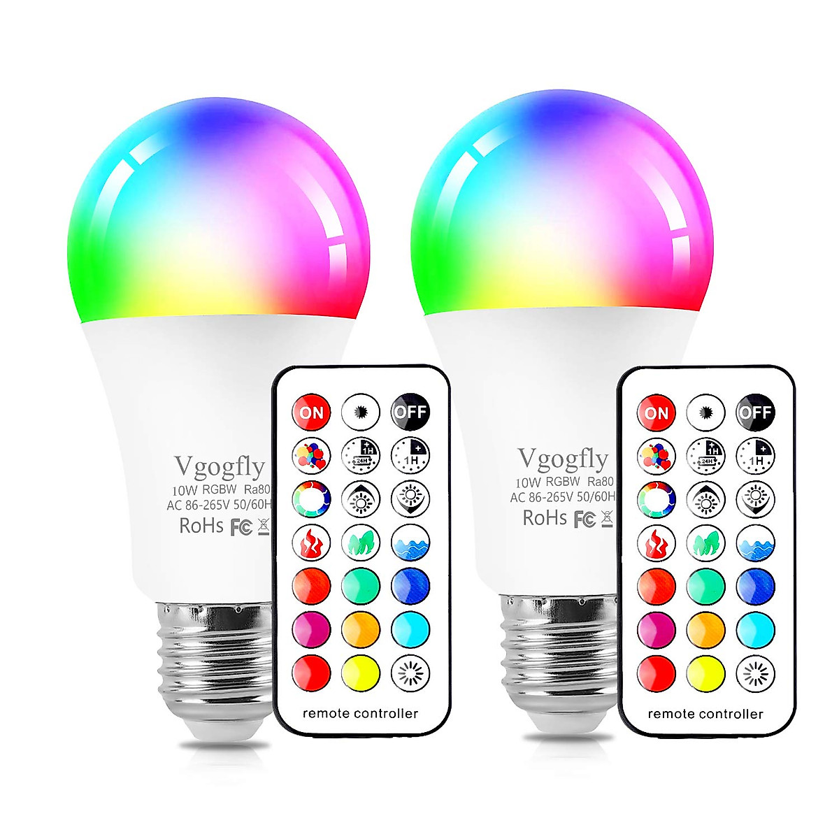 Vgogfly RGB Led Light Bulbs 10W Color Changing Light Bulb with Remote Control 5000k Daylight White (2 Pack)