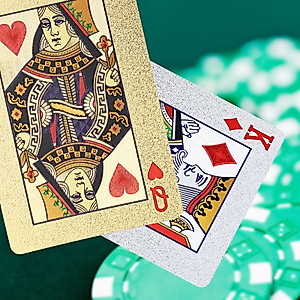 Joyoldelf 2 Decks of Playing Cards, 24K Foil Waterproof Playing Cards & Flexible Poker Cards with Box - Classic Magic Tricks Tool for Party, Game and Cardistry, 1 Gold + 1 Silver