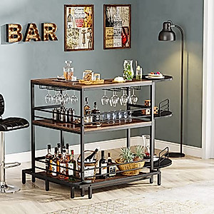 Tribesigns Industrial Home Bar Unit, 3-Tier L-Shaped Liquor Bar Table with Storage and Footrest, Corner Wine Bar Cabinet Mini Bar for Liquor and Glasses for Home Kitchen/Living Room/Pub