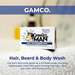 Grown Ass Man Co. - Solid Shampoo Bar Rich Lather 3 in 1: Hair, Beard & Body Wash - Plastic Free & Eco-Friendly, Natural & Organic Clean for All Hair Types, 4oz Bar (Chill Out, 3-Pack)
