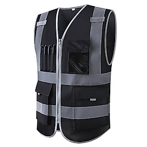 Black Safety Vest Reflective With Pocket And Zipper Construction Vest With Reflective Stripes Hi Vis Workwear(Black, M)