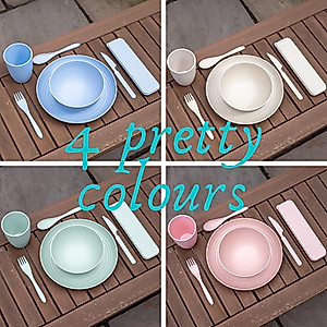 Generic Camping Plates and Bowls Set – 21Pcs Wheat Straw Dinner Set with Dinner Plates, Bowls, Cups and Cutlery – Premium BBQ Set with Cute Colours and Matte Finish – Includes Insulated Bag