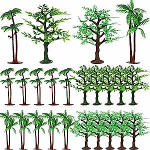 24 Pcs Mini Toy Jungle Trees Plastic Model Coconut Trees Figurines with Base Cake Decoration Rainforest Diorama Supplies Scenery Architecture Trees for Craft, Building, Scenery Landscape, 4 Styles