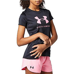 Under Armour Girls' Tech Solid Graphic Big Logo Short Sleeve T-shirt, Black (001)/Pink Craze, Youth X-Small