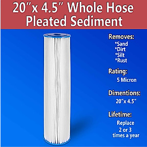 Big 20 x 4.5 inches Pleated Washable & Reusable Sediment Filter 5 Micron Amplified Surface Area, Removes Sand, Dirt, Silt, Rust, Extended Filter Life for 20" Big Housing