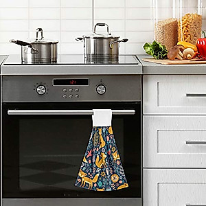 Oarencol Cute Fox Bird Flower Kitchen Hand Towel Forset Animal Floral Absorbent Hanging Tie Towels with Loop for Bathroom 2 Pcs