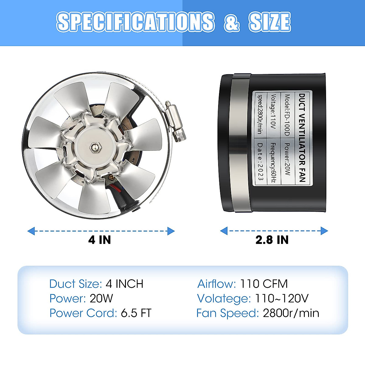 Dreyoo 2 Pack 4 Inch Inline Duct Fans with Duct Clamps, 110 CFM Ventilation Exhaust Fans HVAC Vent Blowers for Grow Tent, Mini Greenhouse, Basement, Hydroponic, Bathroom, Low Noise, Black