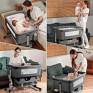 Baby Bedside Bassinet with Wheels and Storage, 3 in 1 Travel Baby Crib Bedside Crib with 5 Adjustable Height, Portable Baby Bed Co Sleeper